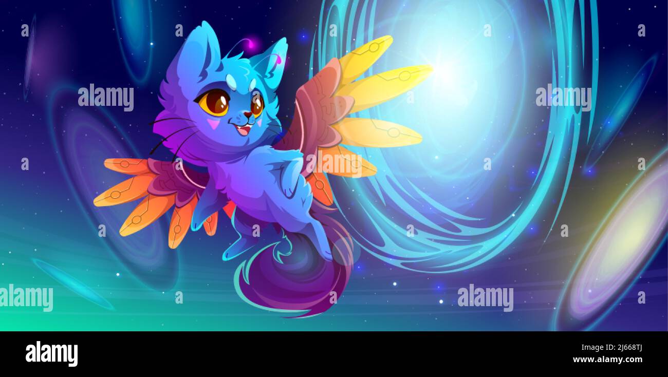 Cosmic superhero cat with mechanical wings appear from magic portal in ...