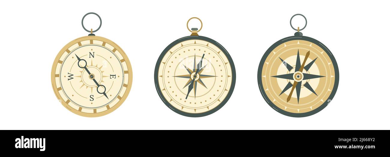 Retro compasses with rose of wind, arrow and loop. Antique navigation ...