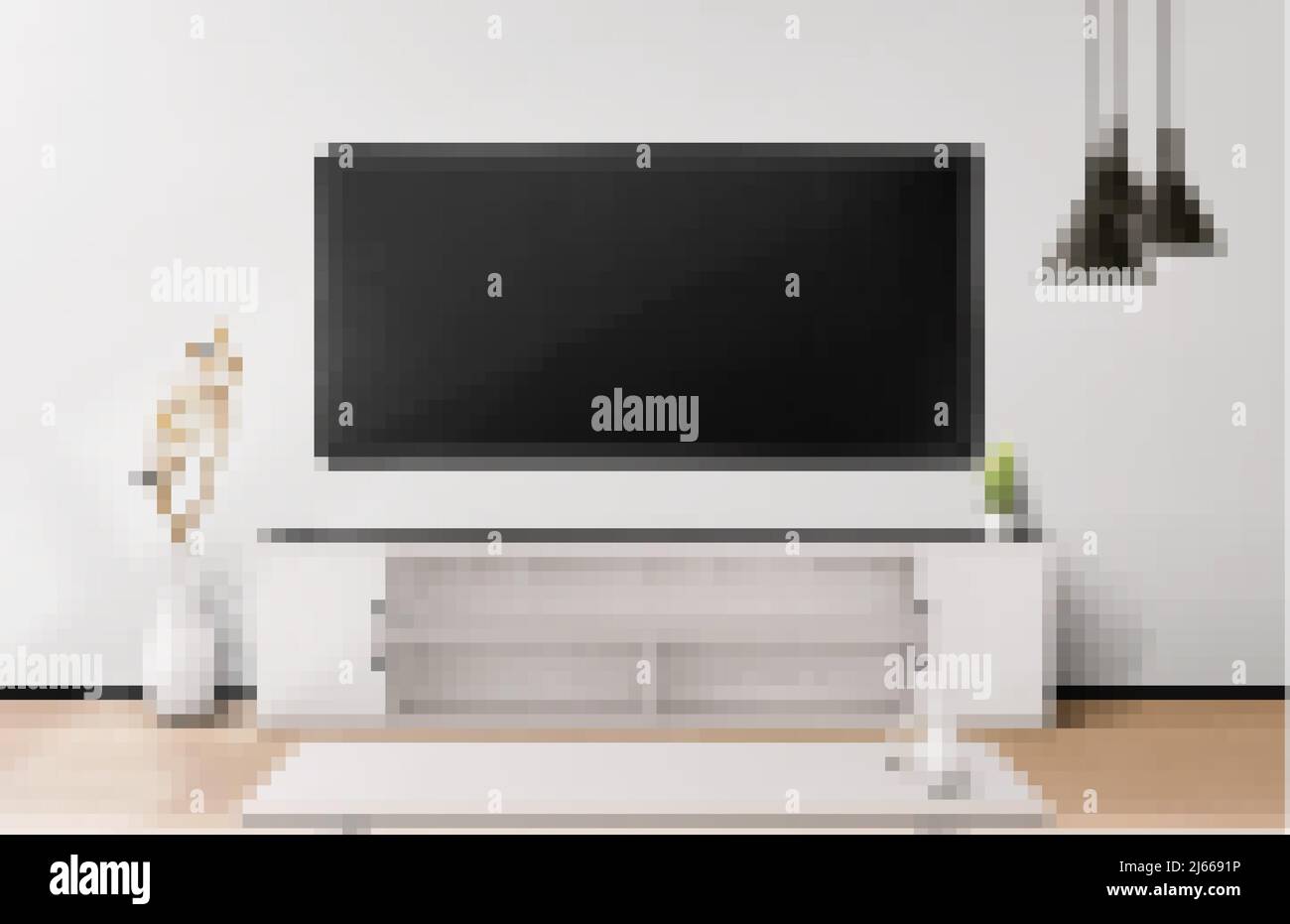 Living room with wide lcd tv screen, stand and table. Vector realistic ...