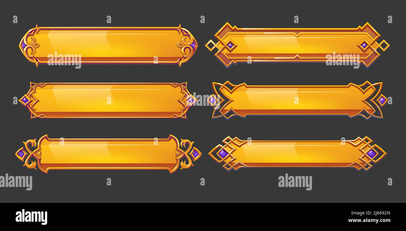 Medieval buttons, ui game menu elements, gold oblong banners with decorated ornate rims. Empty ...