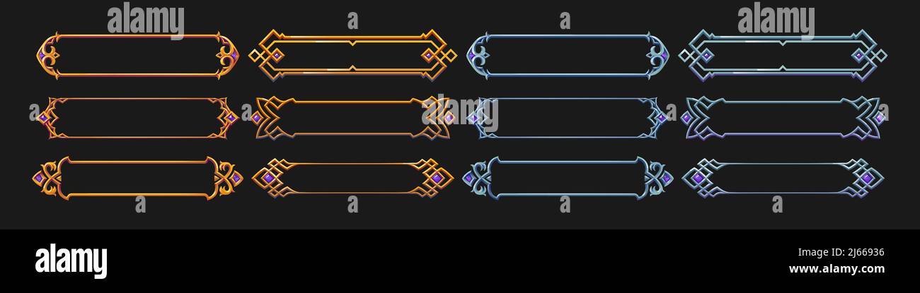 Fantasy gold and silver frames in medieval style for rpg game ui design. Vector cartoon set of ...
