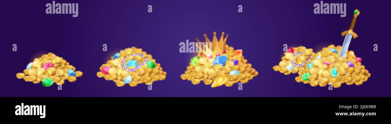 Gold coins heaps with gems and jewelry. Ancient treasure with piles of ...