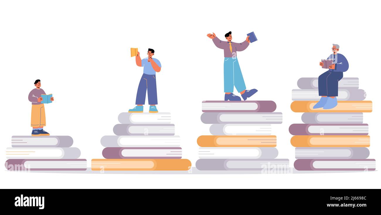 Reading books in lifespan concept. Vector flat illustration of person ...