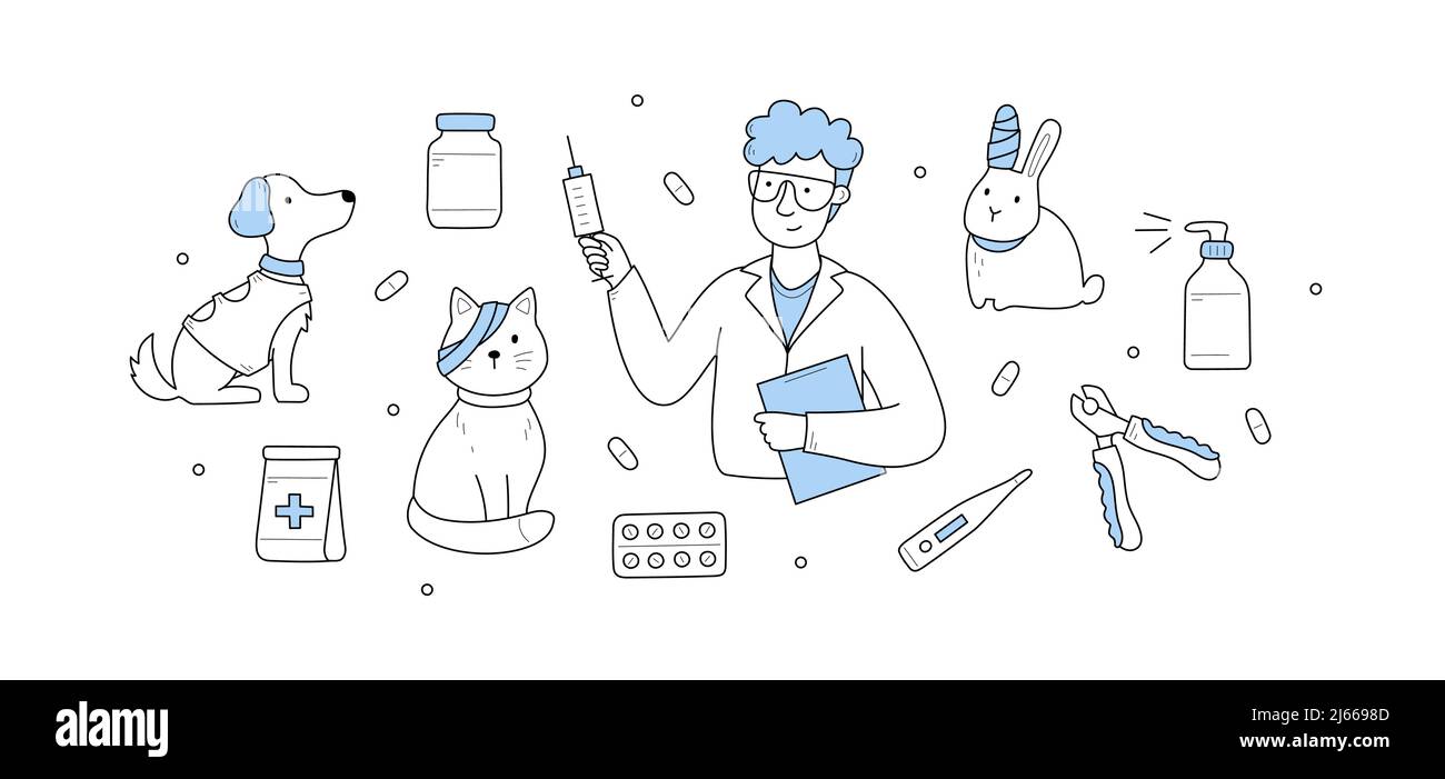 Vet clinic doodle concept with doctor, pets dog, cat or hare and ...