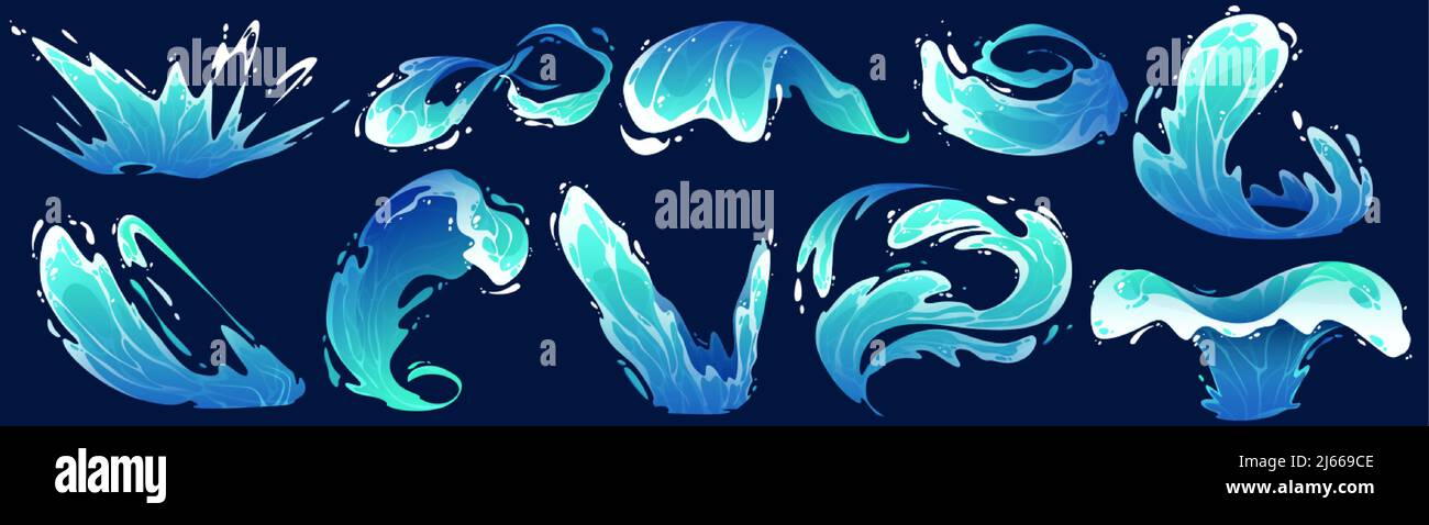 Water splash, vfx game cartoon video effects set. 2d liquid drops, crowns, flow and falling ...