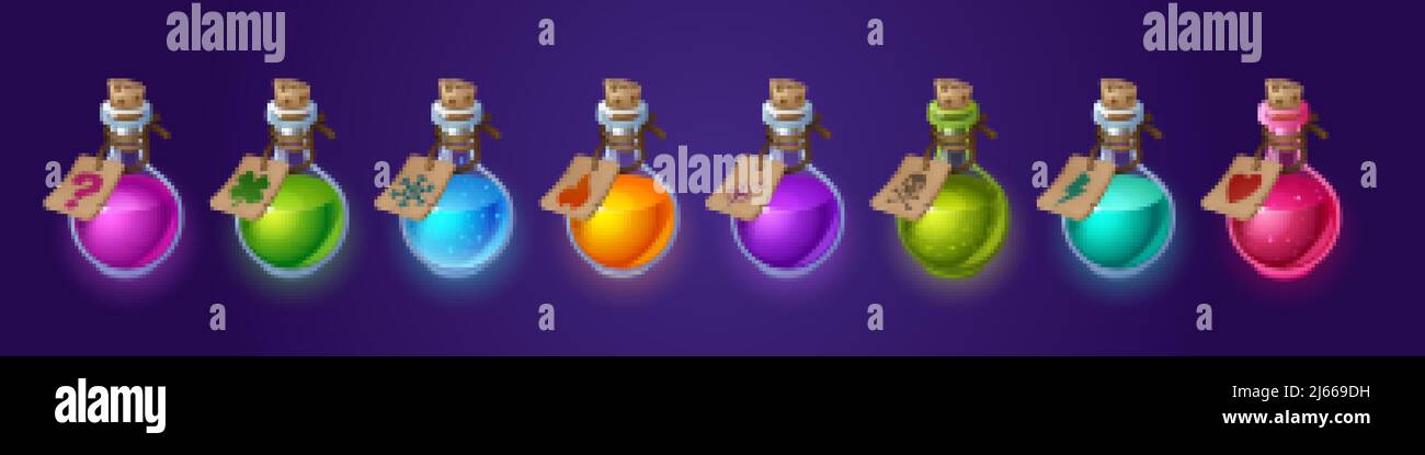 Potion bottles with magic elixir and tags, cartoon glass flasks with ...