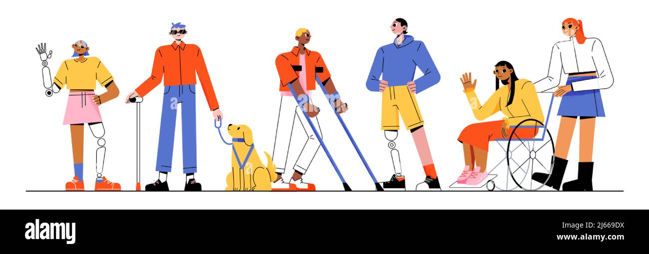 Diverse handicap people group, disability concept. Disabled character ...