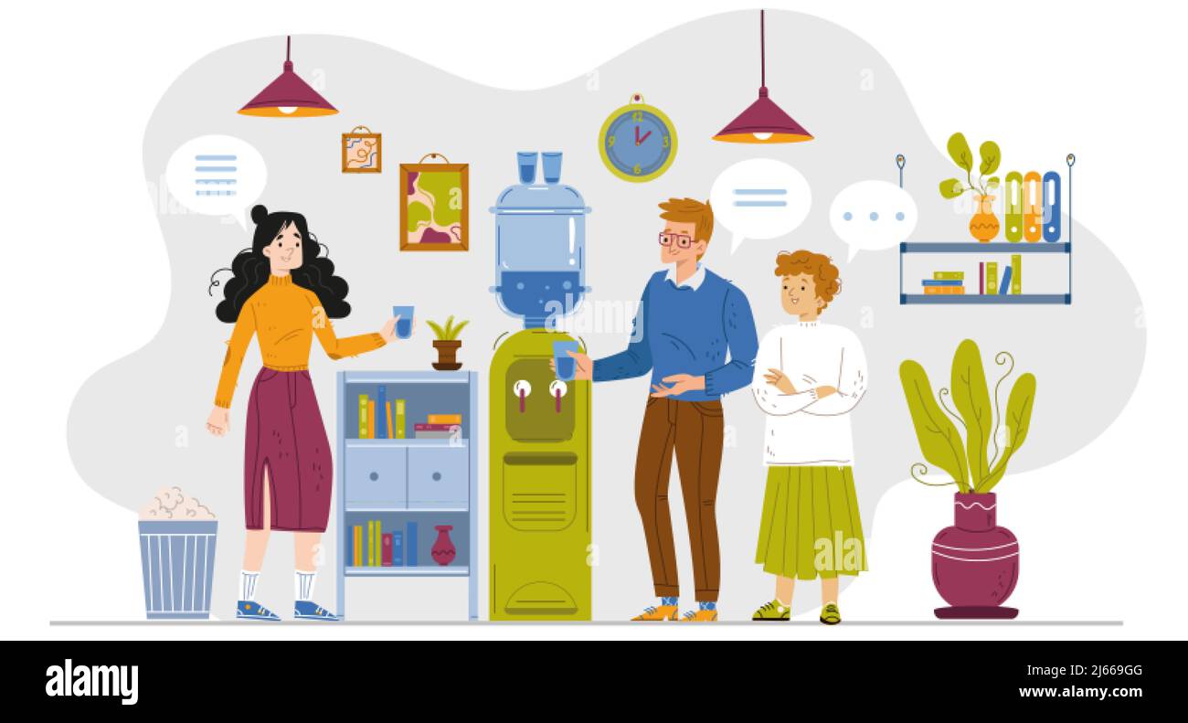 People drink water and talk near cooler in office. Vector flat ...