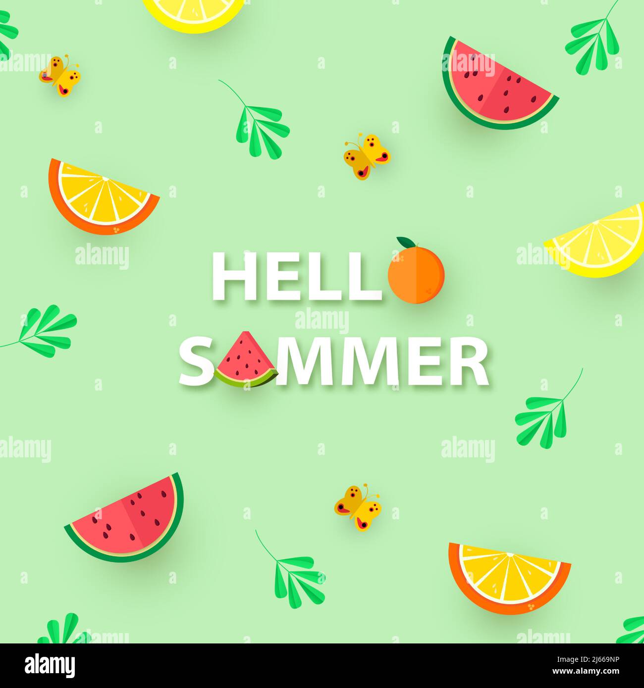 Hello summer. Square banner with lemon, orange, watermelon slices ...