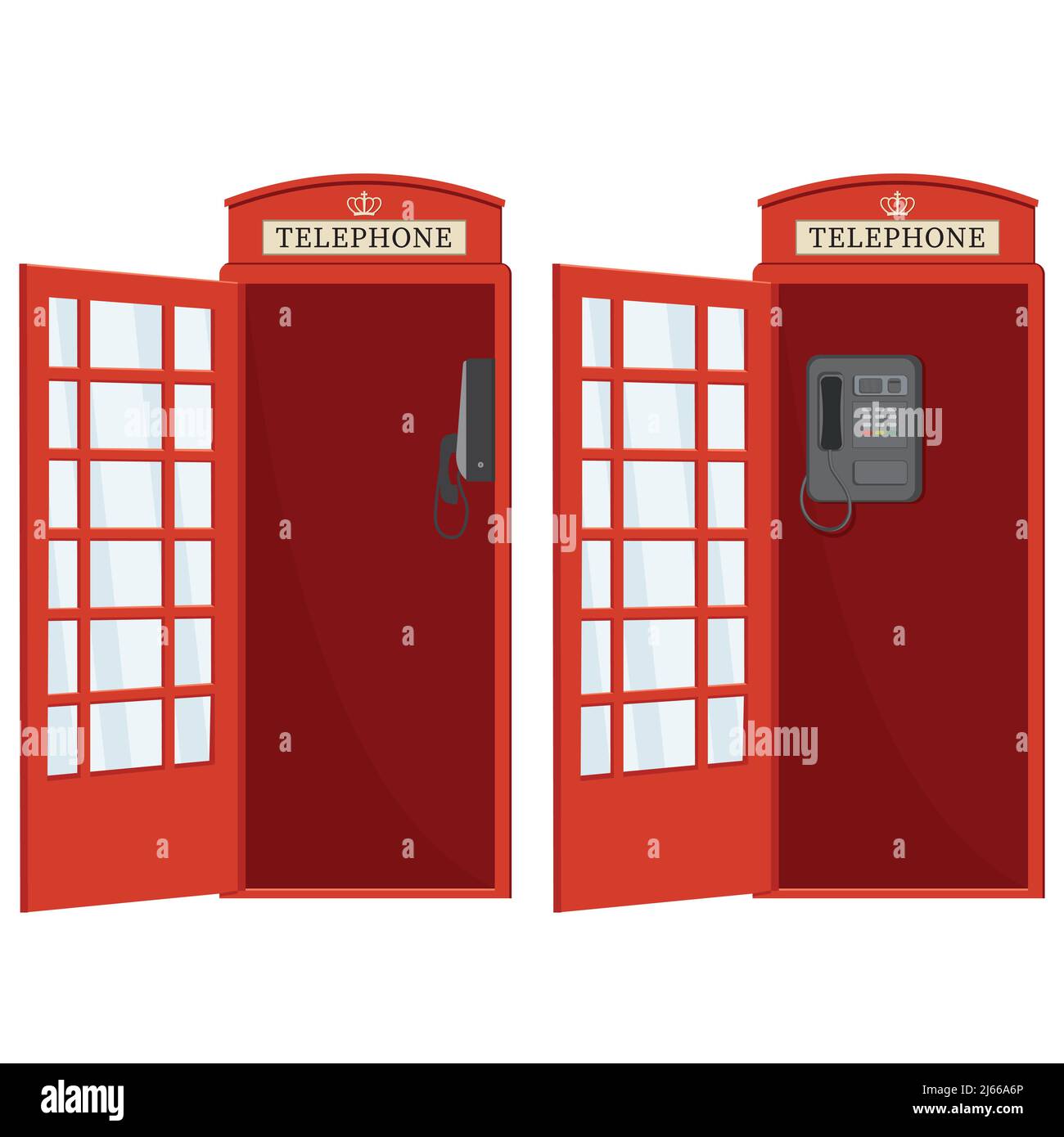 Red telephone booth with open door, color vector isolated cartoon-style ...