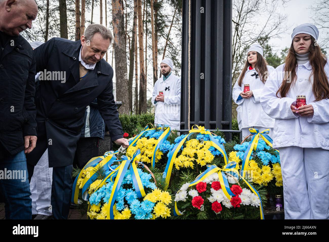Slavutych, Ukraine. 26th Apr, 2022. People seen bring flowers for the ...