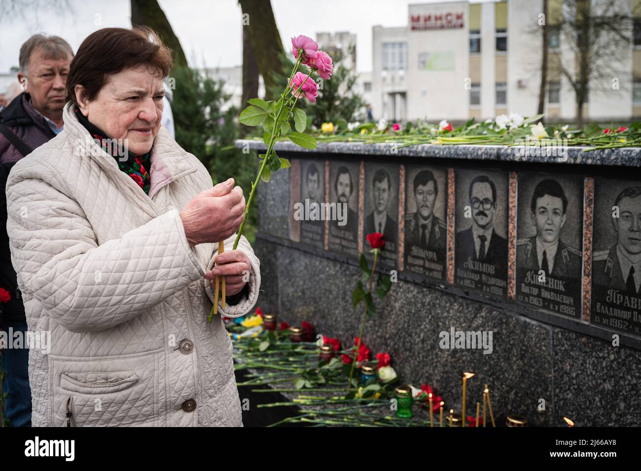 Slavutych, Ukraine. 26th Apr, 2022. A woman seen with flowers at the ...