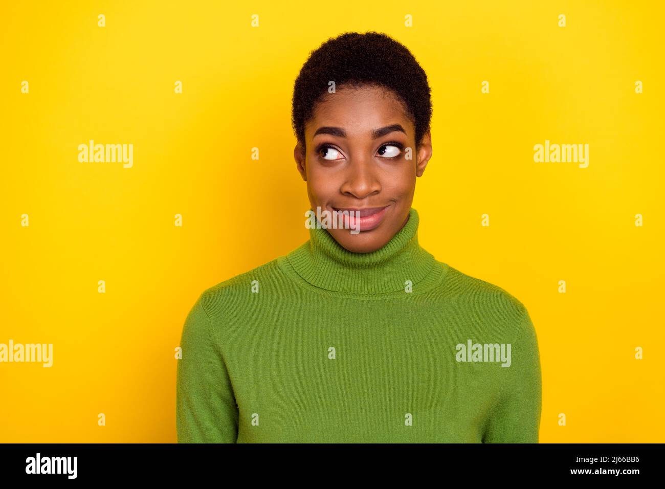 Portrait of attractive girlish cheery funny curious woman thinking ...