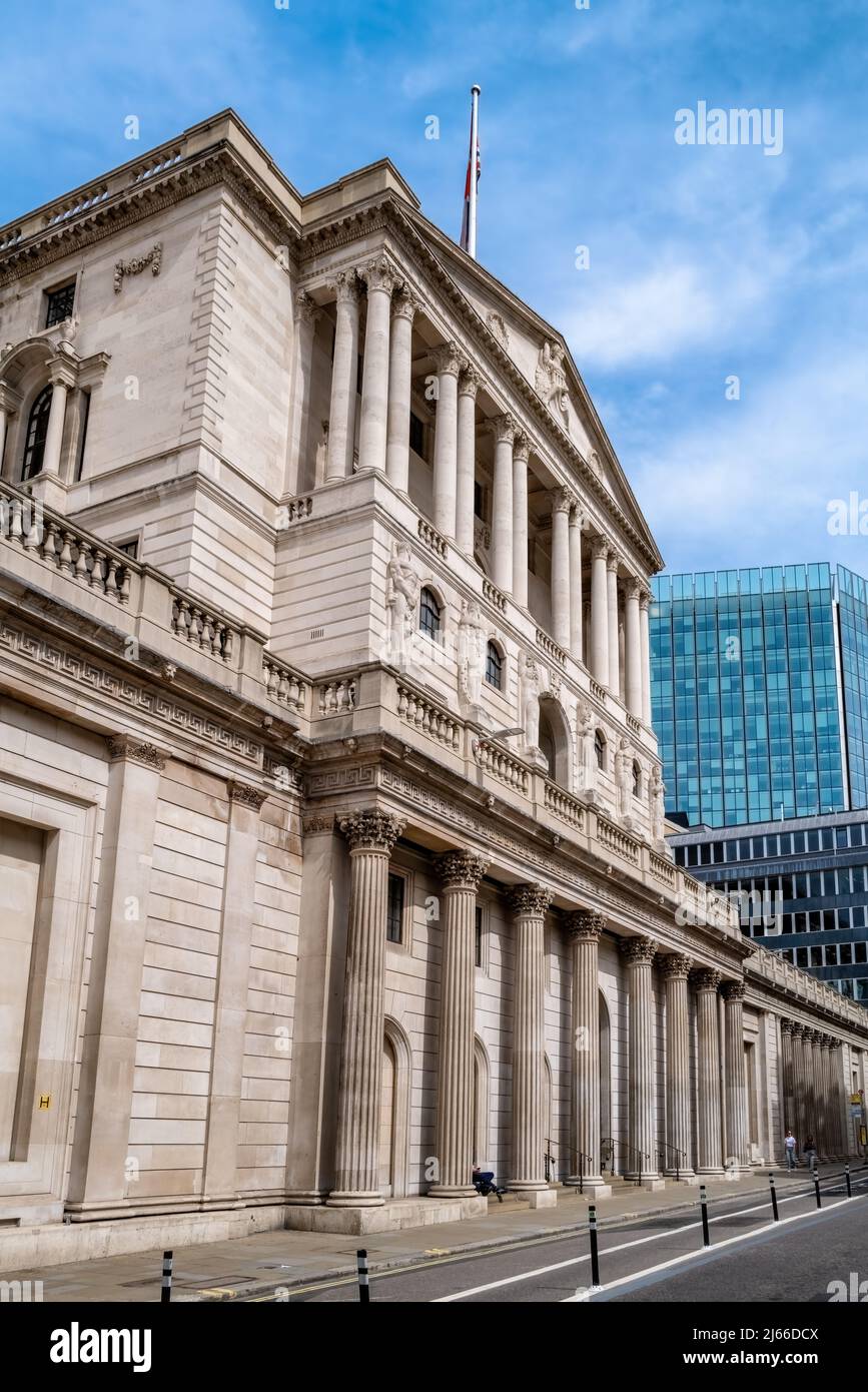London, UK - 18th April 2022: Front facade of the Bank of England, in ...
