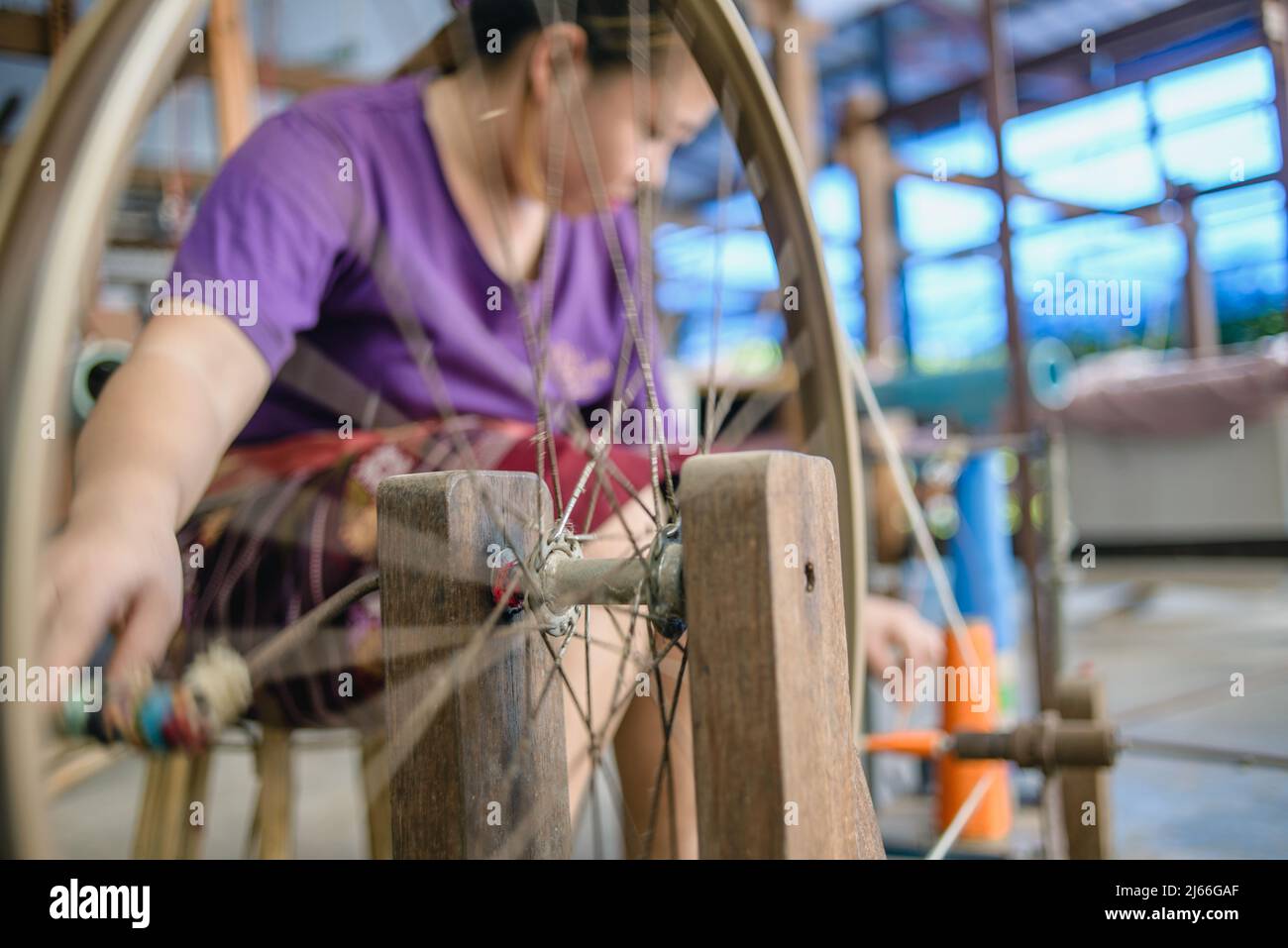 Silk weaving process at the Mai Savanh Lao workshop in Vientiane, Laos ...