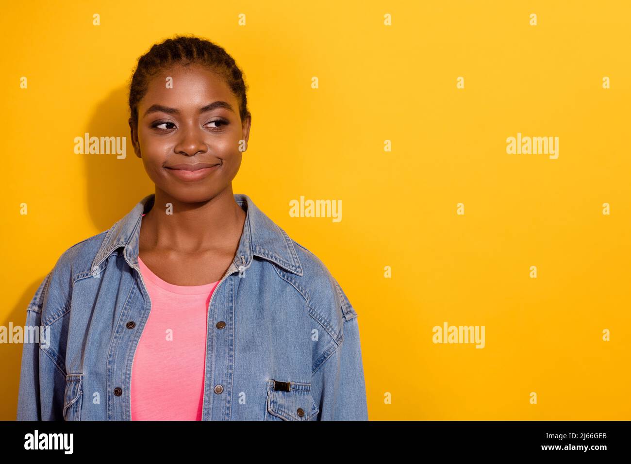 Photo of young pretty woman interested dream think look empty space ...