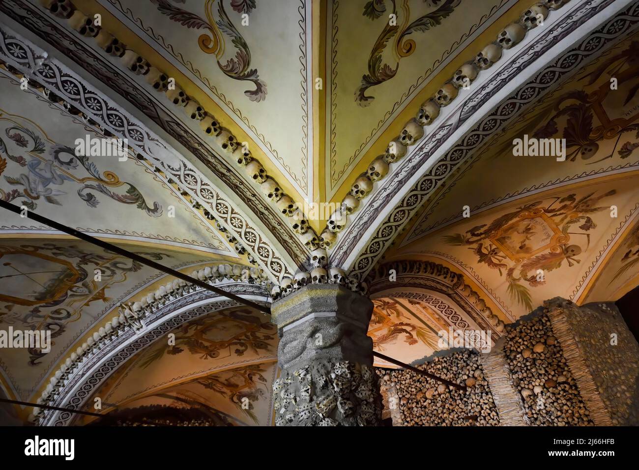 Chapel of Bones, View of the ceiling and the embedded bones on the wall ...