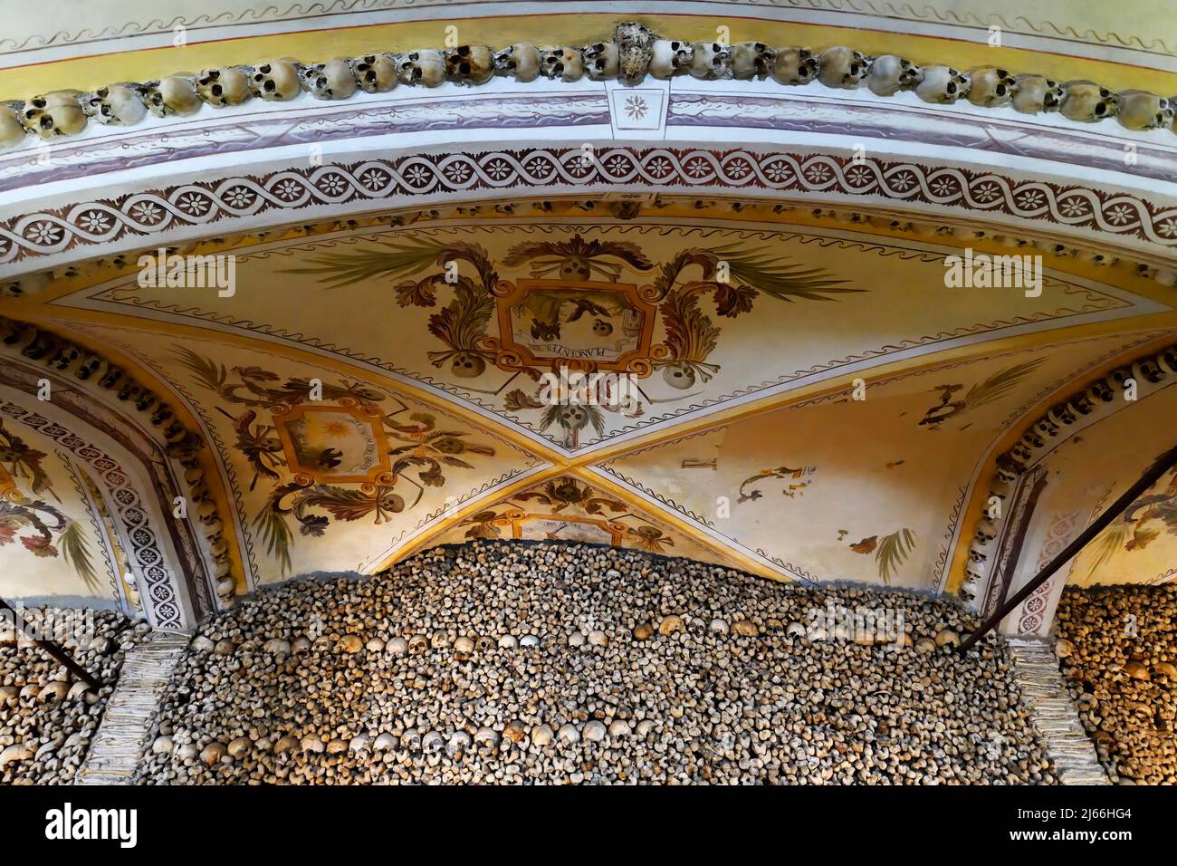 Chapel of Bones, View of the ceiling and the embedded bones on the wall ...