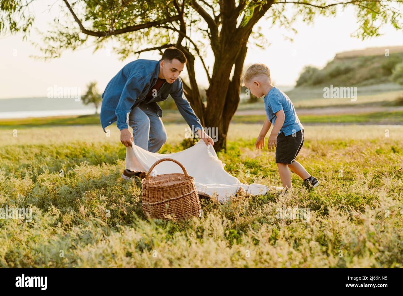 Young white father having picnic with his son by tree on summer field ...