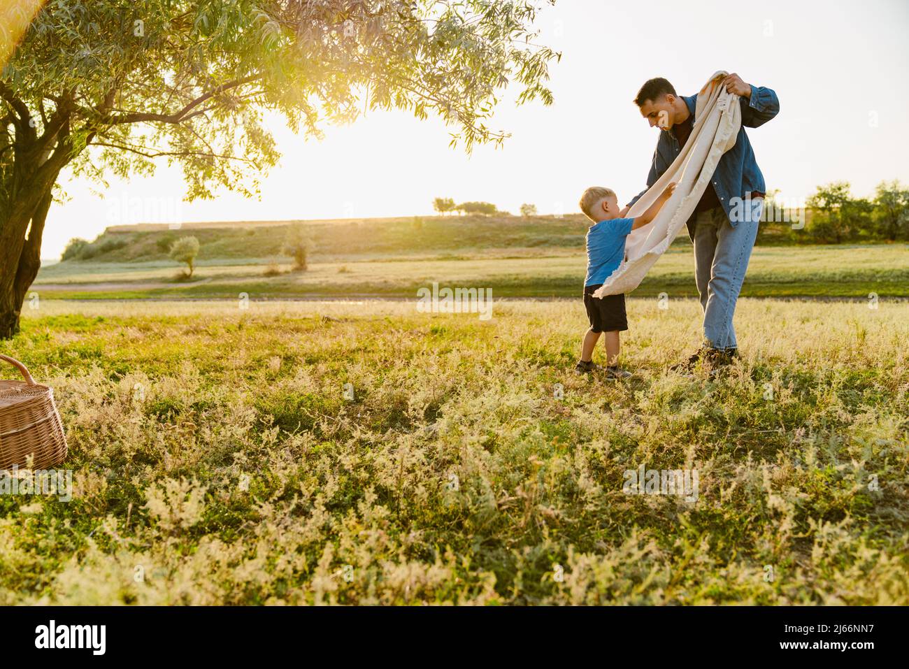 Young white father having picnic with his son by tree on summer field ...