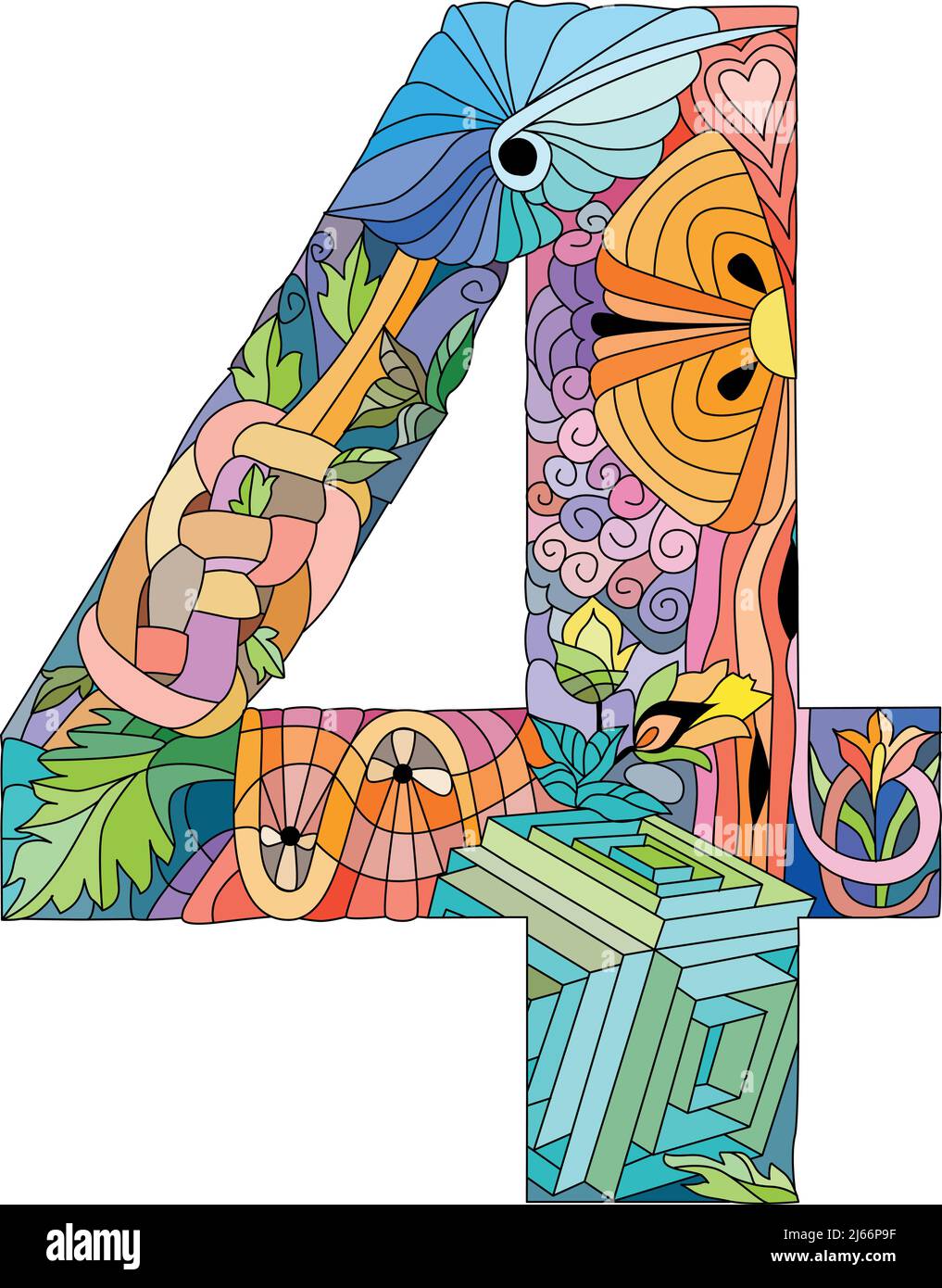Four number Isolated zentangle illustration for decoration Stock Vector ...