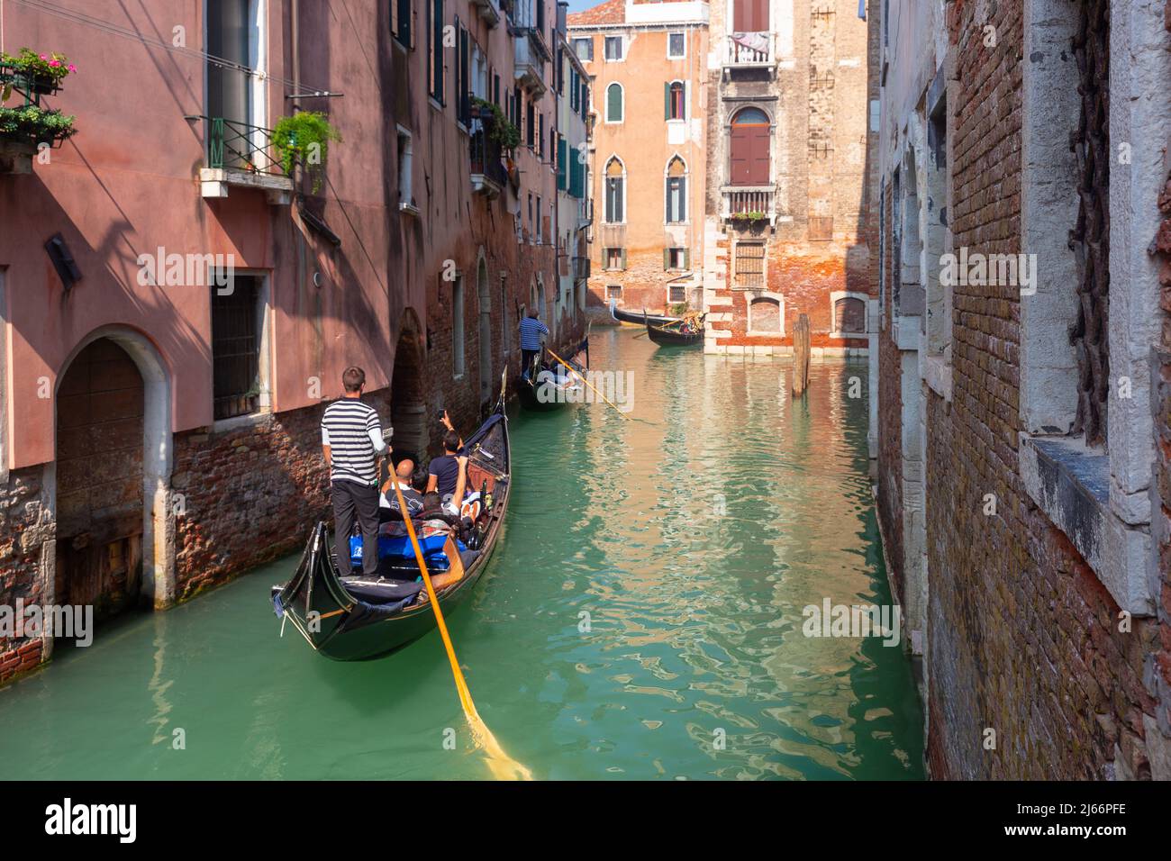 A Venetian gondolier in a traditional black gondola floats down a ...