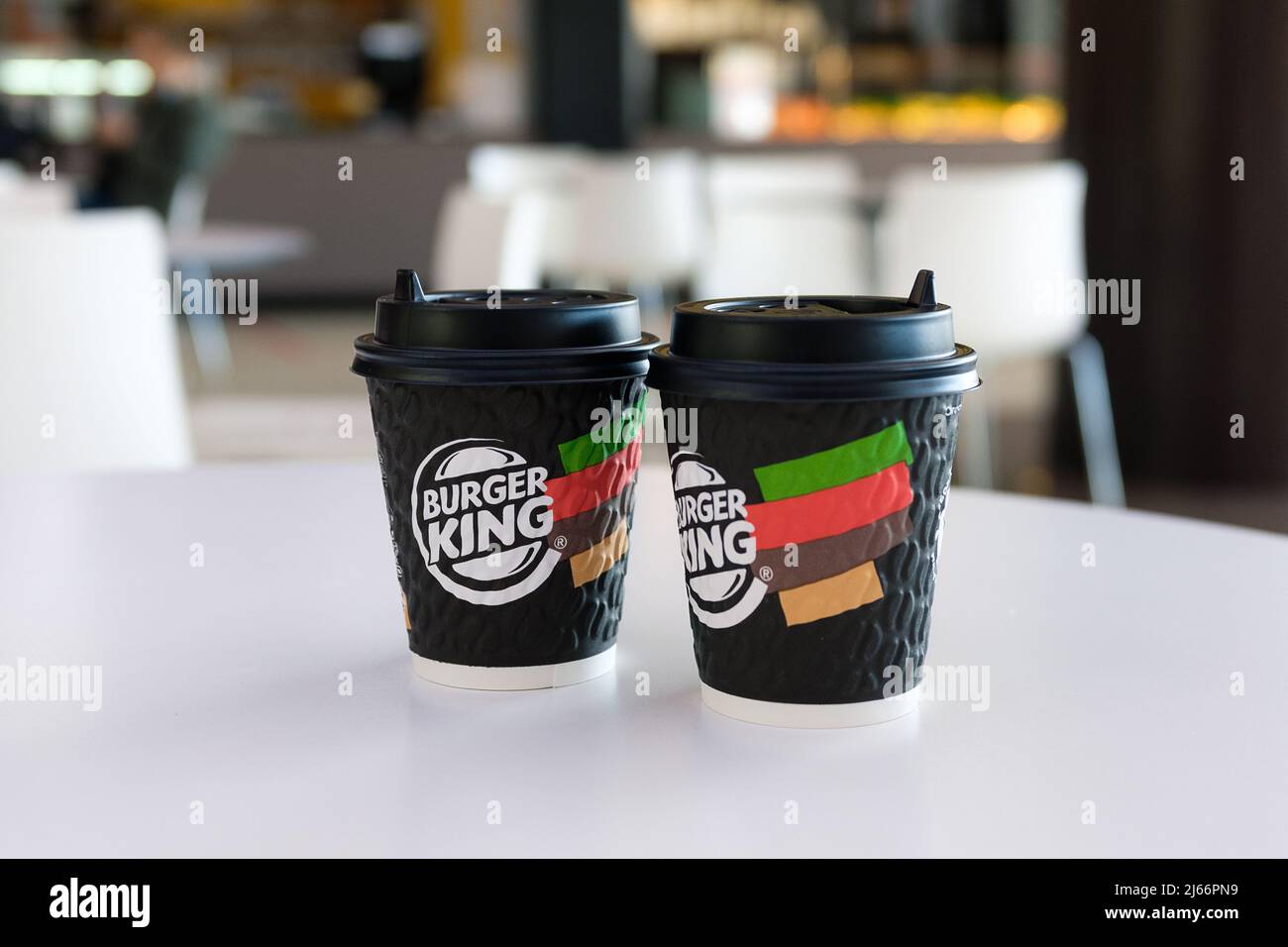 Russia, Tyumen - October 10, 2021. A cup of Burger King coffee on the ...