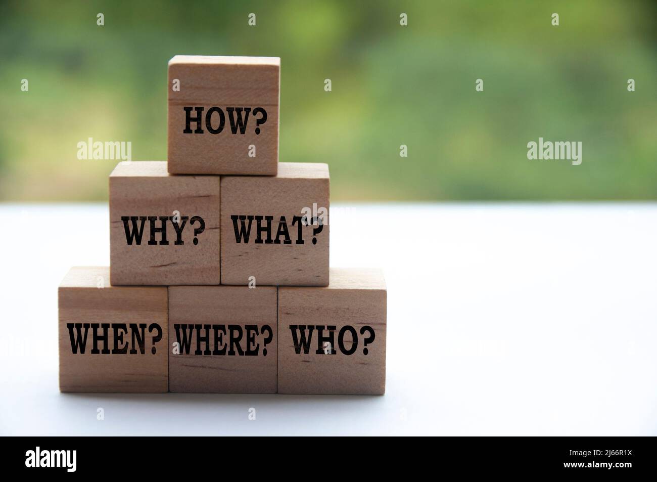 Text on wooden blocks with blurred nature background - How, Why, What ...