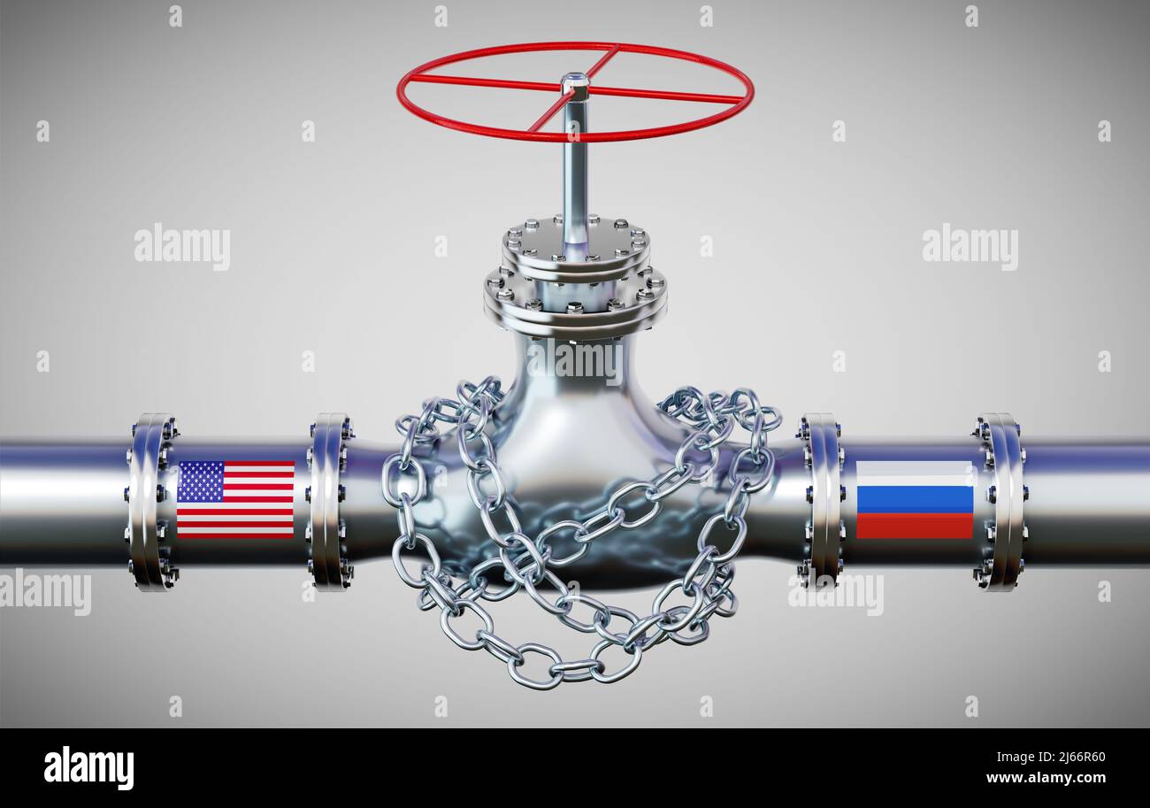 Gas pipeline with flags of USA and Russia, chain - 3D illustration ...