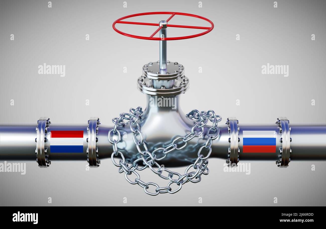 Gas pipeline with flags of Netherlands and Russia, chain - 3D ...