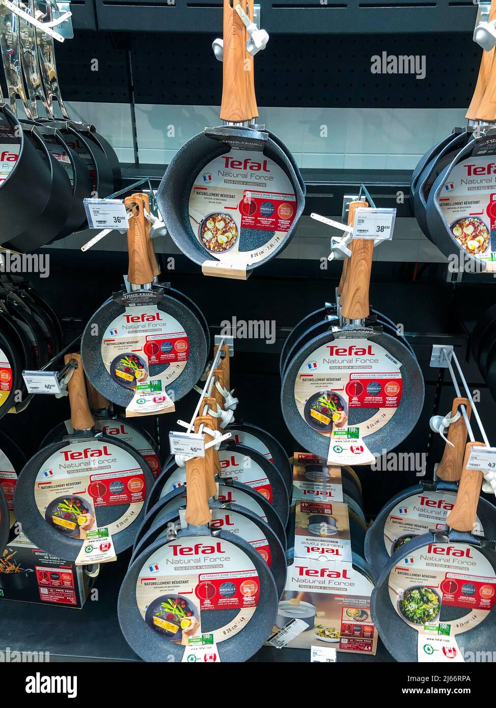 Paris, France, Detail, Teflon Surfaced Frying Pans on Wall Display in ...