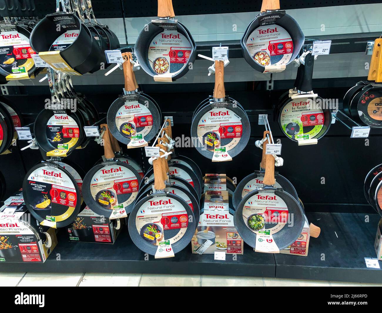 Paris, France, Detail, Teflon Surfaced Frying Pans on Wall Display in ...