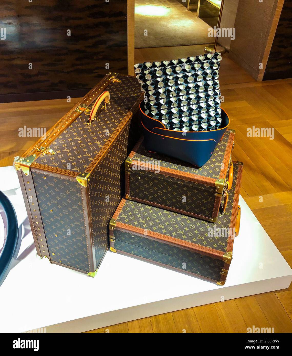 Paris, France, Close up, Louis Vuitton Luggage on Display in LVMH Store ...