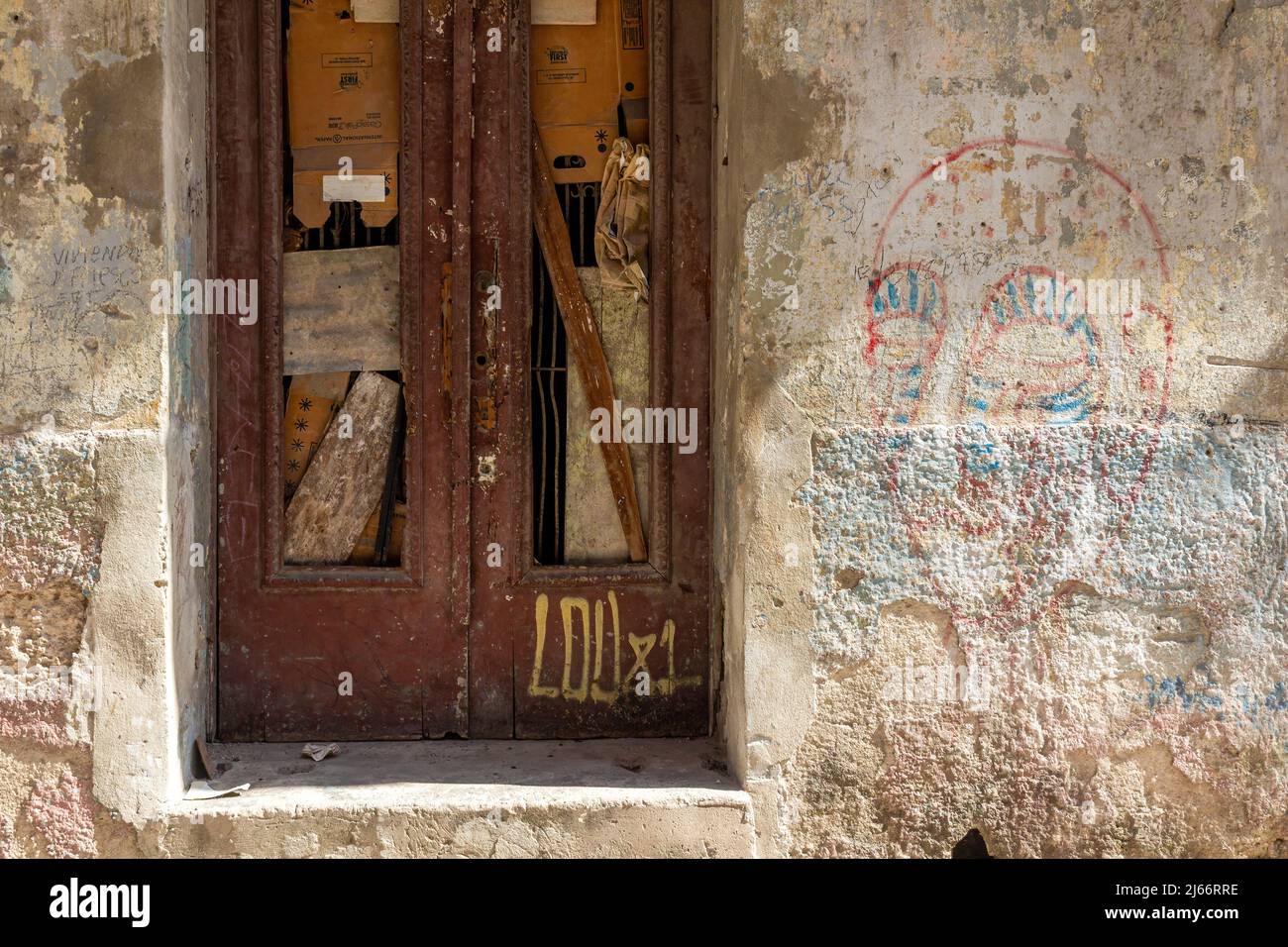 Front view of a run-down entrance door in a weathered building. An ...