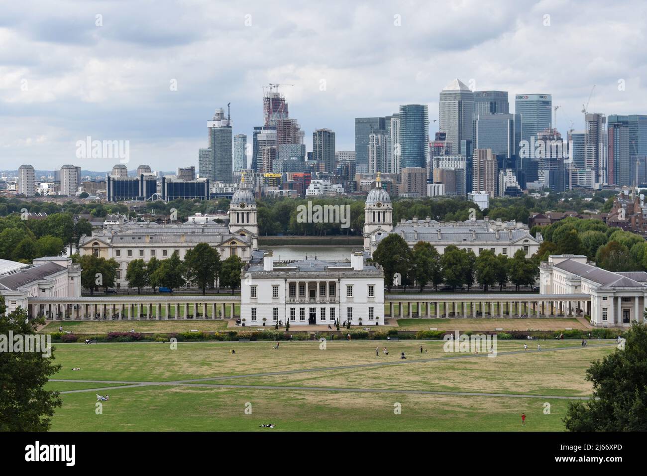 The view across Greenwich Park with the River Thames and Canary Wharf ...