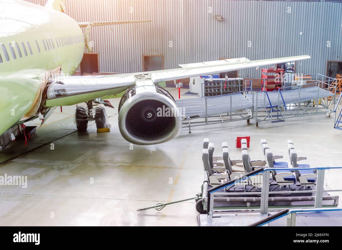 Industrial theme, view in the hangar of the removed passenger seats on ...