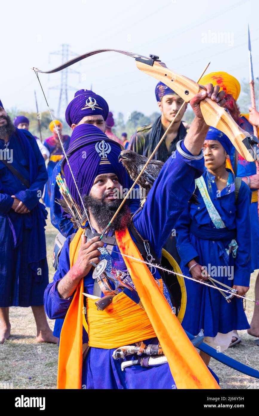 Anandpur Sahib, Punjab, India - March 2022:Portrait of sikh male (Nihang Sardar) during the ...