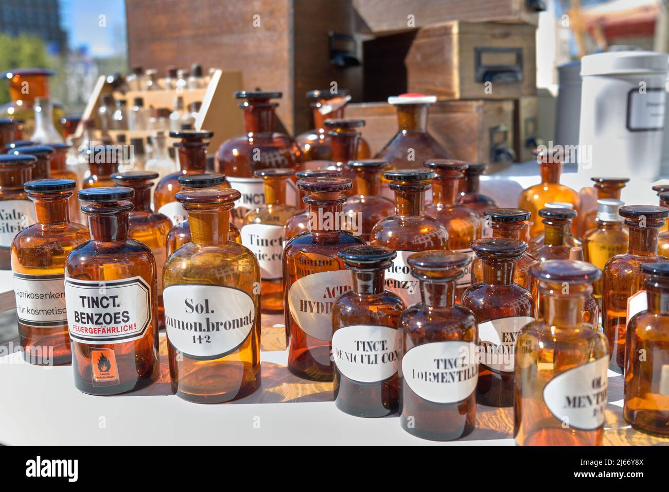 Pharmacy jars at the flea market (a traditional jumble market) in ...