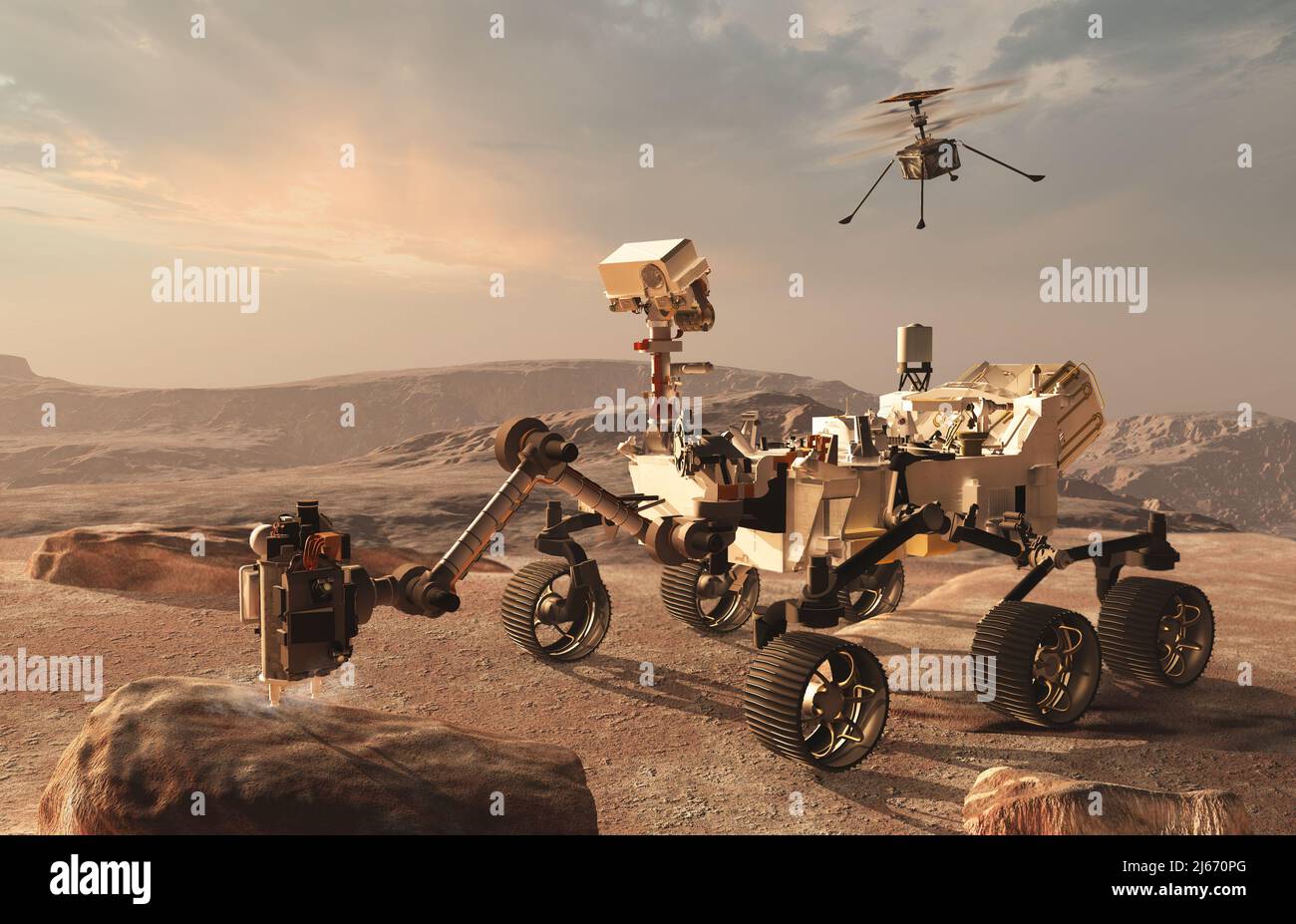 the american rover and his drone helicopter on planet mars Stock Photo ...