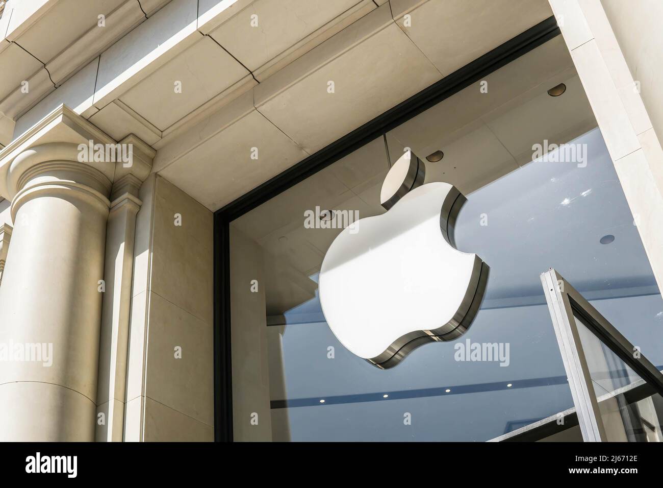 American multinational technology company Apple logo seen at its store ...