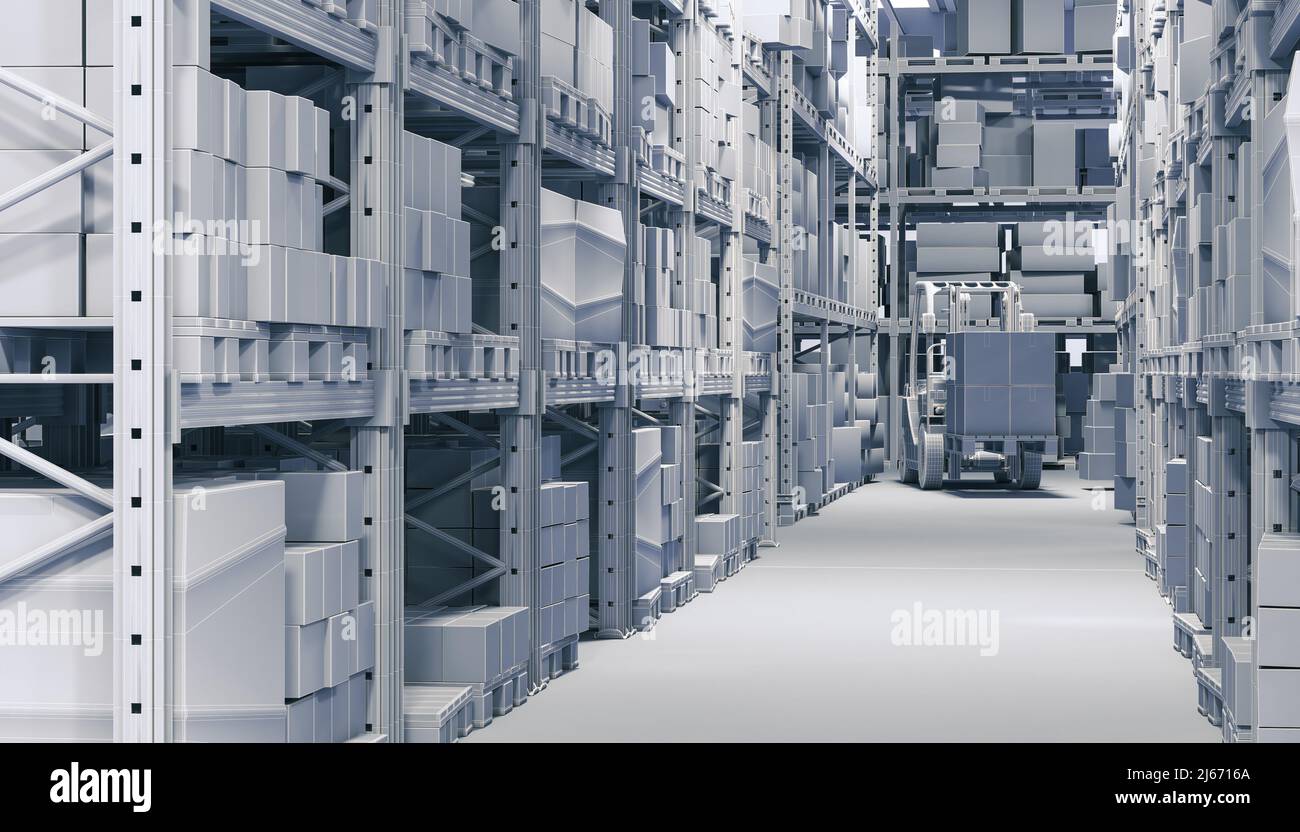 interior of a warehouse with forklift and shelves. 3d render stylized ...