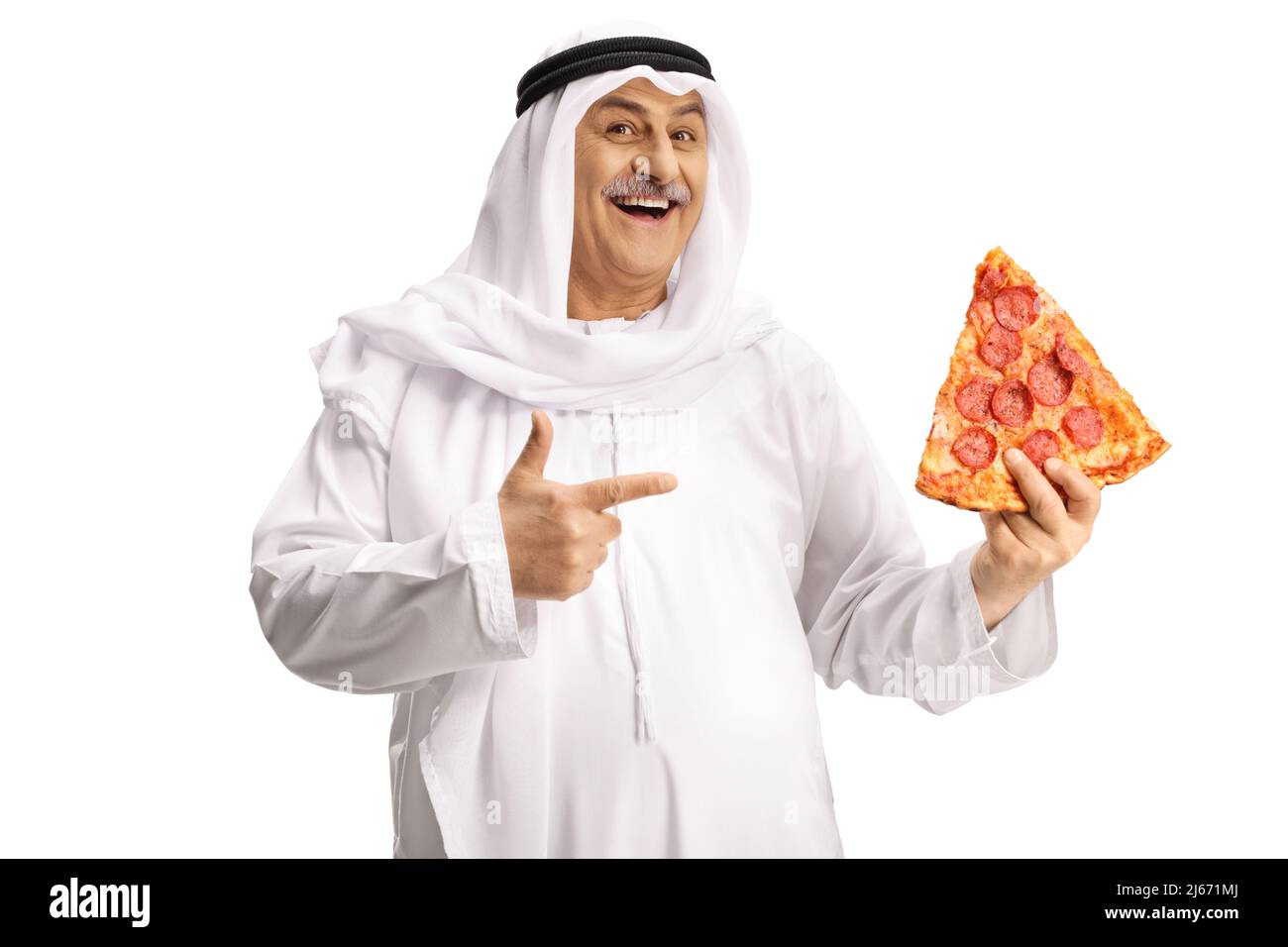 Smiling arab man in ethnic clothes holding a slice of pepperoni pizza ...