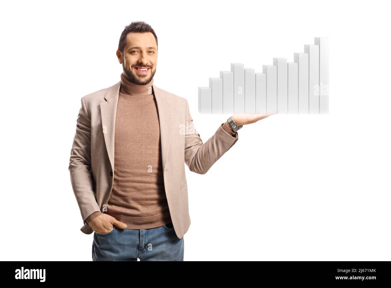 Smiling young man holding a bar chart diagram on one hand isolated on ...