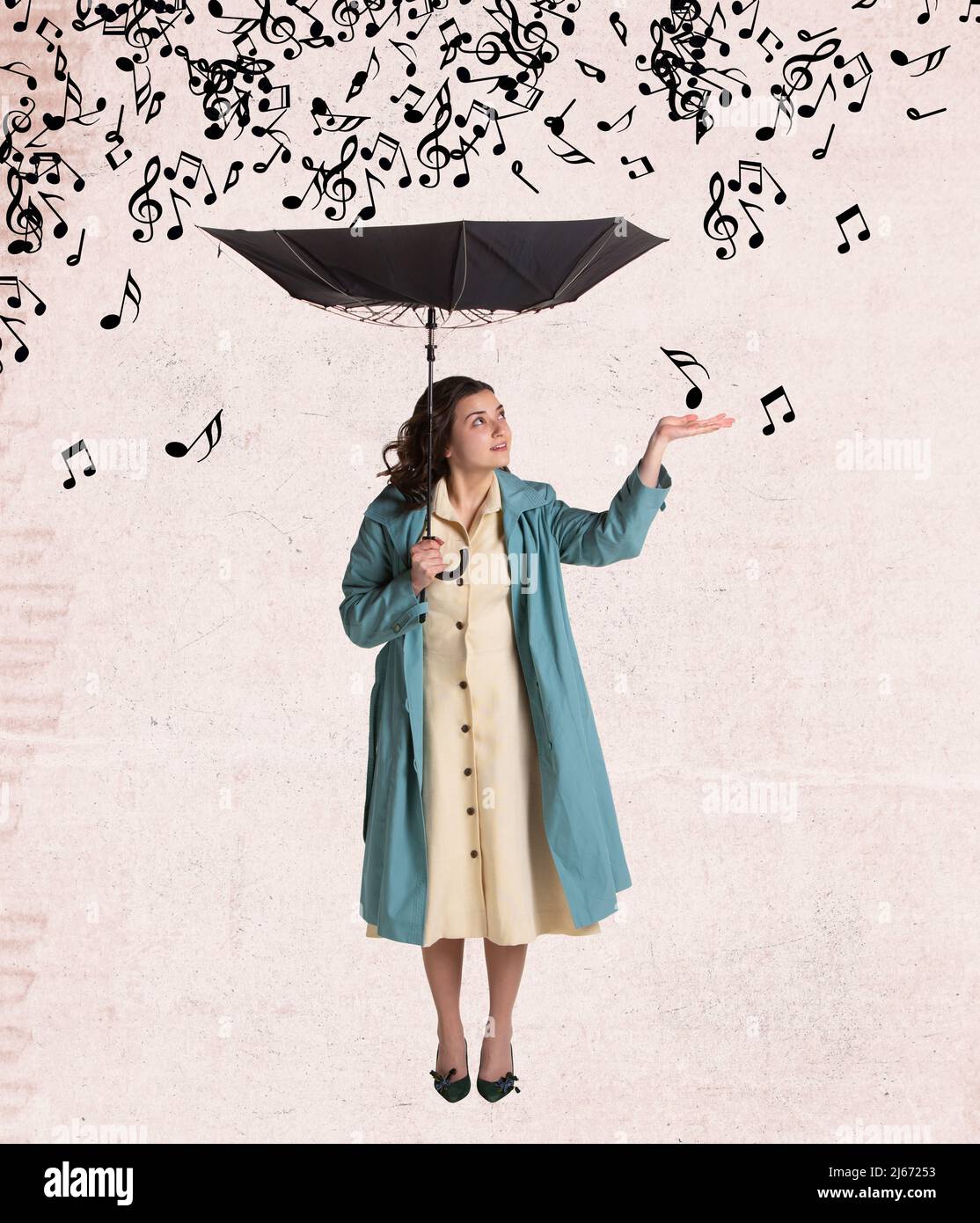 Contemporary art collage of beautiful woman in rain coat standing with ...