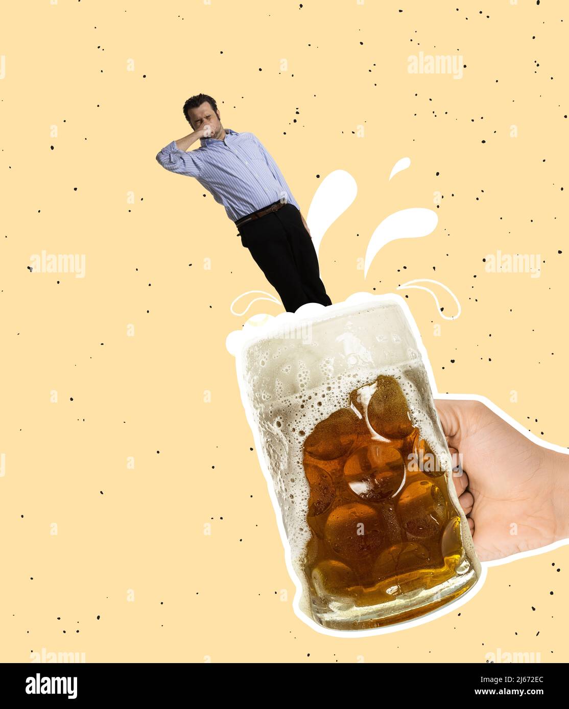 Contemporary art collage. Funny man jumping into cool foamy lager beer ...