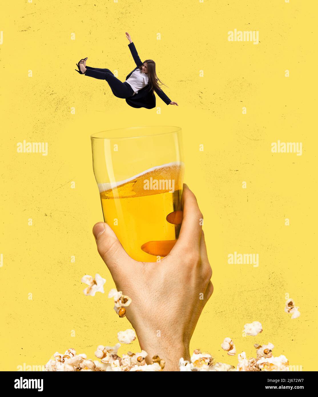 Contemporary art collage. Cheerful woman falling down into glass with ...