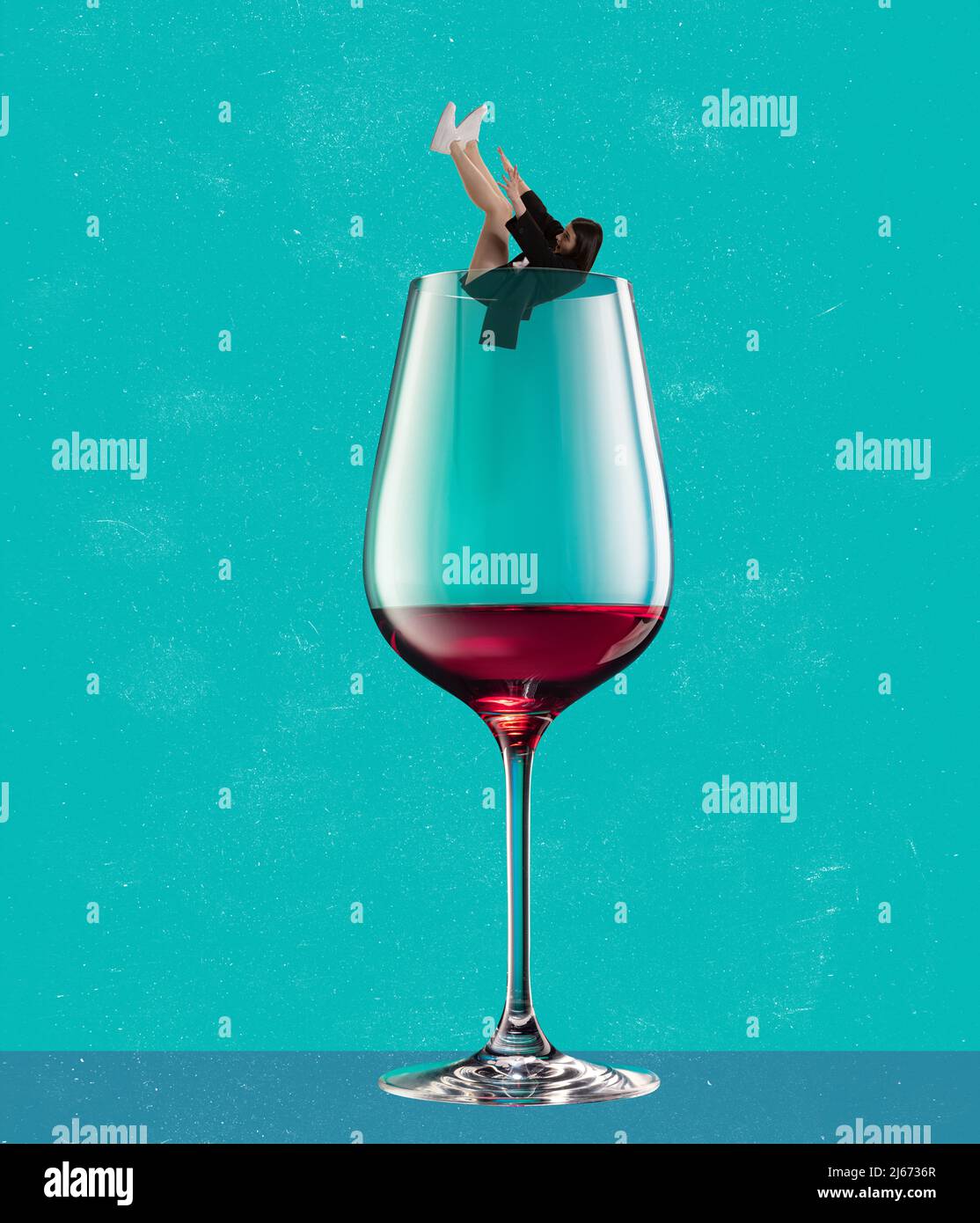 Contemporary art collage. Young woman falling into glass of red wine ...