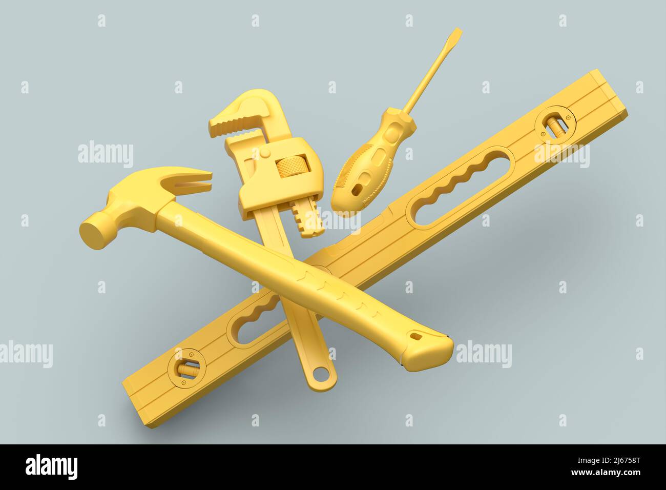 Flying view of yellow construction tools for repair and installation on ...