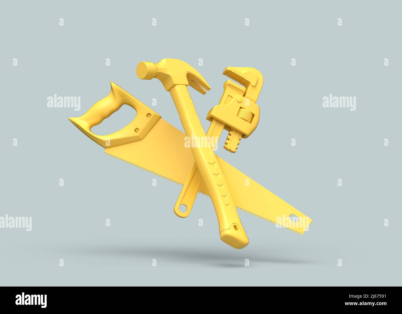 Flying view of yellow construction tools for repair and installation on ...