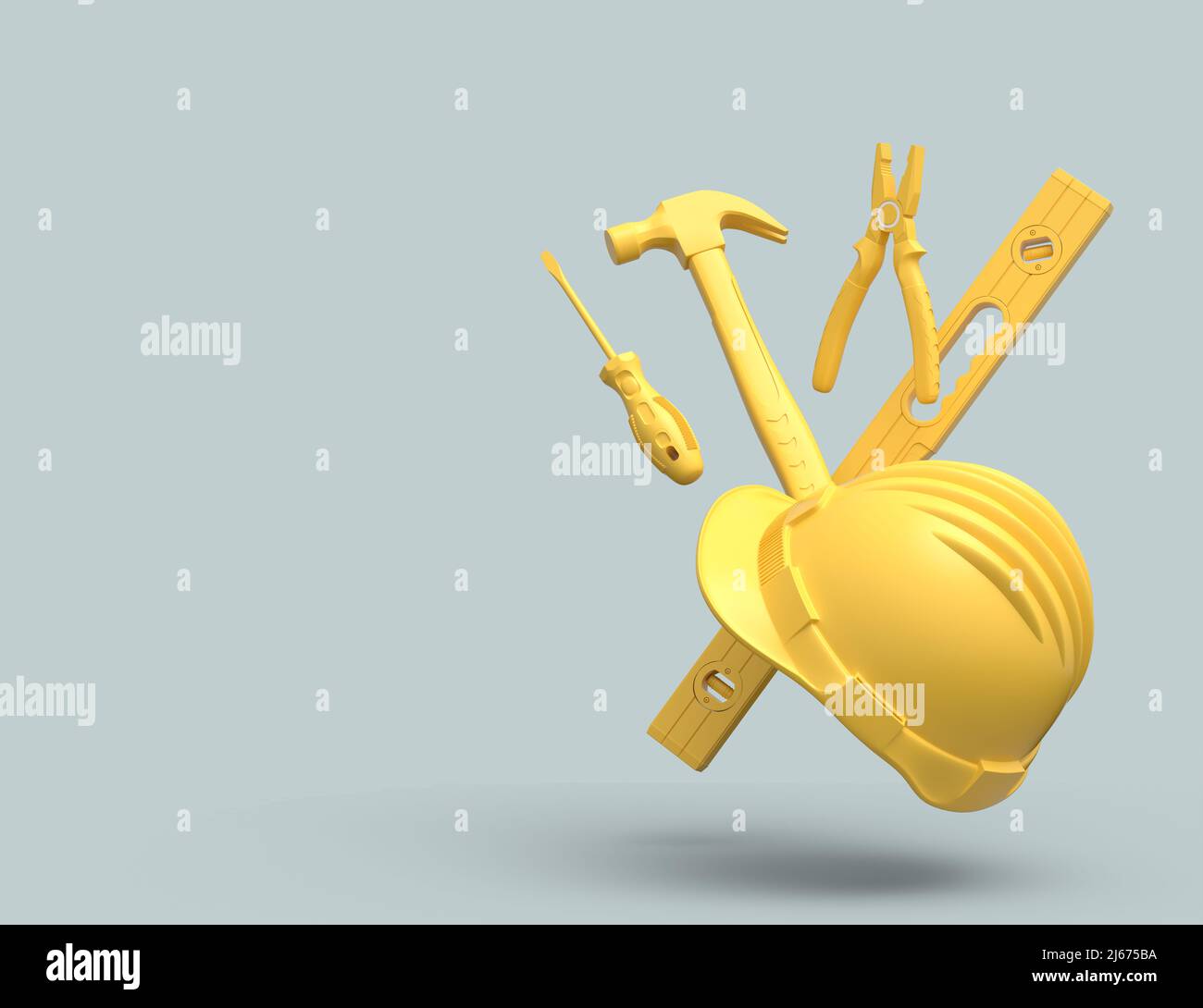 Flying view of yellow construction tools for repair and installation on ...